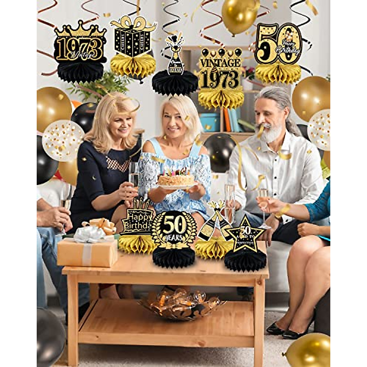 9 Pcs 50th Birthday Decoration for Men Women 50th Birthday Table Decorations Cheers to 50th Birthday Honeycomb Centerpieces 1973 Table Topper Black and Gold 50th Birthday Party Favors