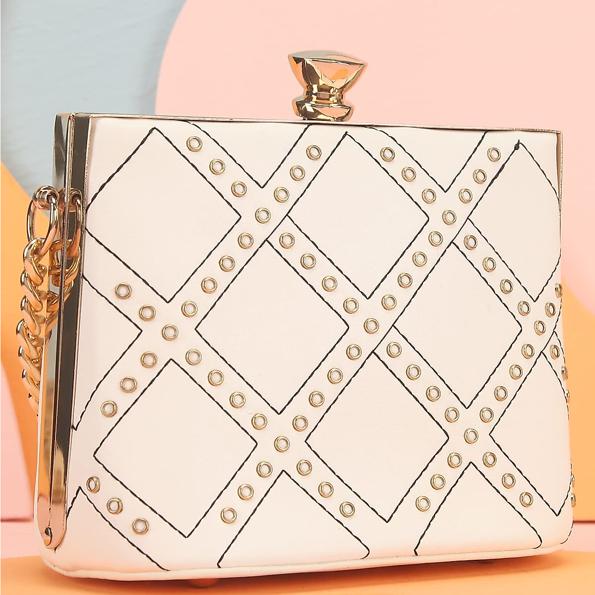 Fawziya Evening Clutch Studded Diamond Thick Chain Novelty Medium Purses For Women Formall-White