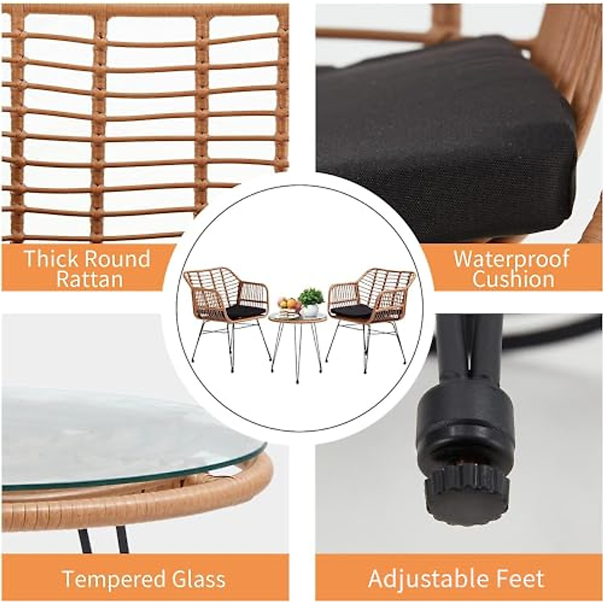 KROFEM 3 Piece Wicker Patio Bistro Furniture Set, Includes 2 Chairs and Glass Top Table, Ideal for Porch, Outdoor, Backyard, Apartment, Balcony Natural Color