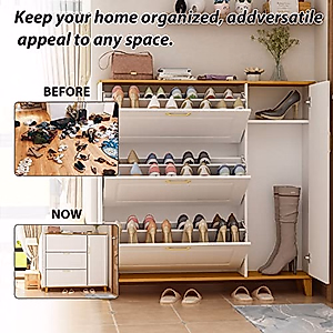 DiDuGo Modern Shoe Storage Cabinet with 3 Compartment & 1 Locker, Shoe Cabinet Organizer for Entryway White-Walnut (47.2”W x 9.5”D x 49.4”H)