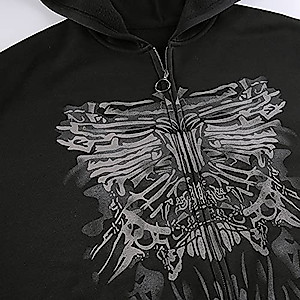 Juakoso Y2k Women Zip Up Hoodie Sweatshirt Rhinestone Skeleton Printing Long Sleeve Oversized Jacket Pullovers Fall Winter Coats Vintage Black