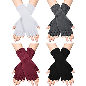 SATINIOR Half-Finger Knit Gloves for Women - Long Cuffed Mittens for Typing and Winter