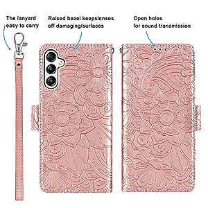 Bizzib for Samaung Galaxy A14 5G Case Wallet,Embossed Mandala Floral Leather Folio Flip Wristlet Shockproof Protective ID Credit Card Slot Holder Cover for Girl Compatible with Galaxy A14 5G-Rose Gold