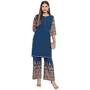 Janasya Women's Blue Foil Printed Poly Crepe Kurti With Palazzo