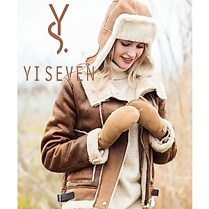 YISEVEN Women's Merino Sheepskin Leather Gloves Flip Fingerless Mitten