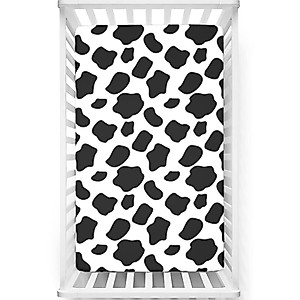 Cow Print Themed Fitted Mini Crib Sheets,Portable Mini Crib Sheets Soft & Stretchy Polyester Fitted Crib Sheet -Crib Mattress Sheet or Toddler Bed Sheet,24“ x38“,White Black