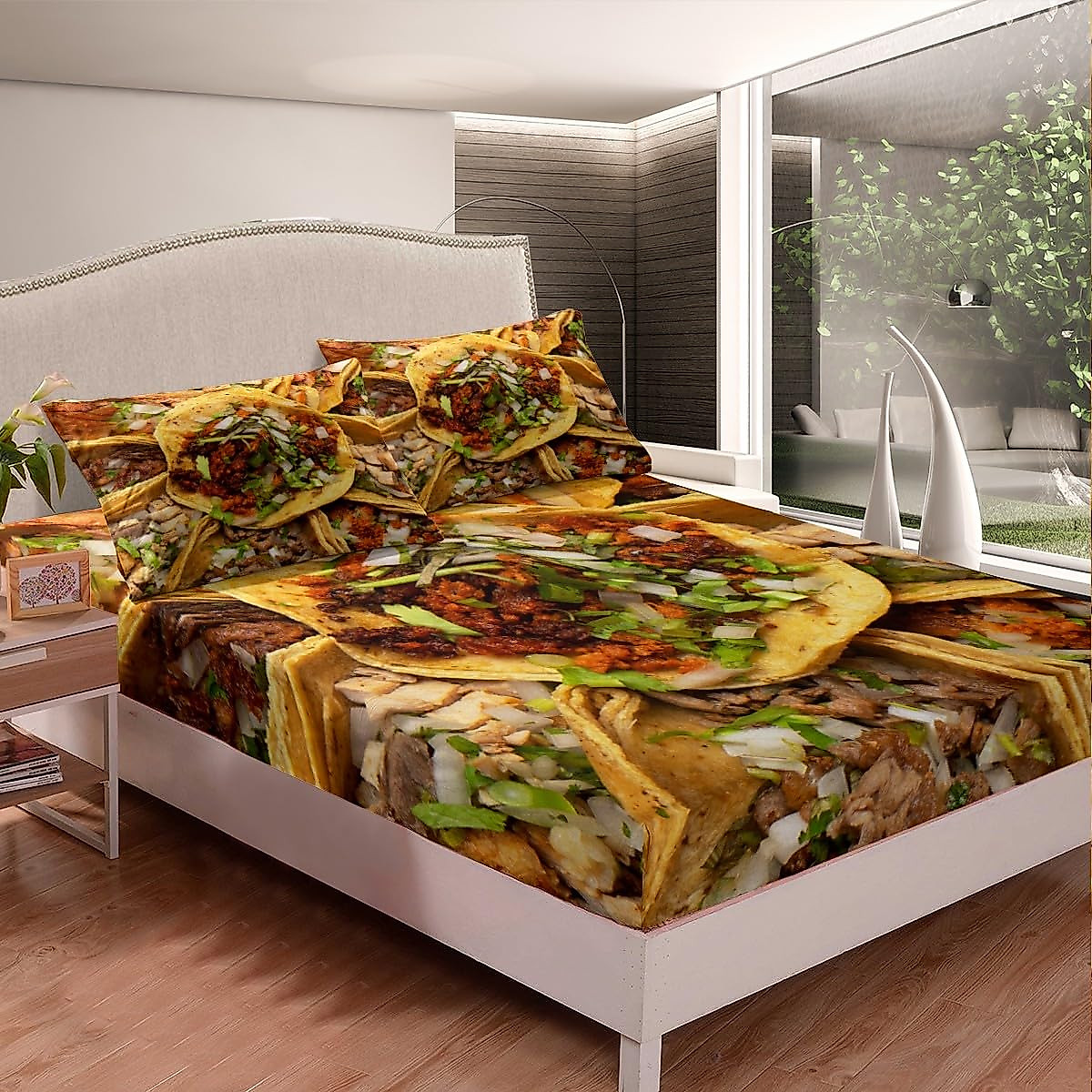 Taco Bed Sheets Set Full Size, Taco Food Sheet Set Realistic Food Sheets with Deep Pocket Fitted Sheet for Kids Boys Girls 3D Food Themed Bedding Set with 2 Pillow Case