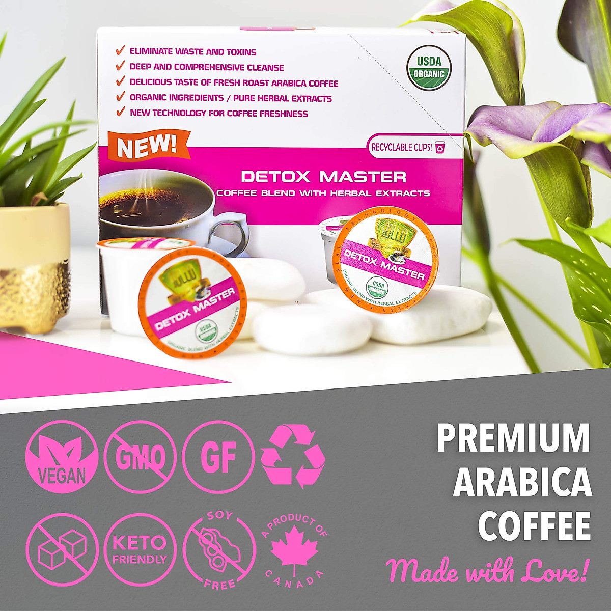 SOLLO Organic Detox Coffee Pods with Superfoods, Slimming & Cleansing Formula with Herbal Extracts, Bold and Smooth, Compatible with Keurig 2.0 Brewers, 24 K-Cup