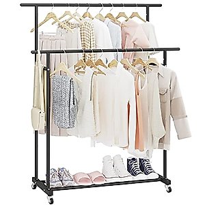 Calmootey Double Rod Clothing Garment Rack,Rolling Hanging Clothes Rack,Portable Clothes Organizer for Bedroom,Living Room,Clothing Store,Black
