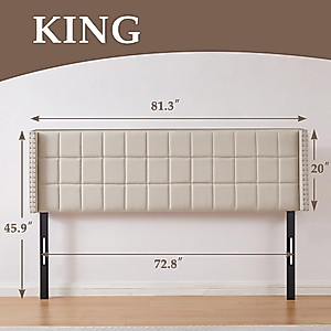 VECELO Linen Upholstered Headboard for King Size Bed, Tufted Nailhead & Double Wingback for Bedroom, 6 Adjustable Position from 40" to 49.8",Beige