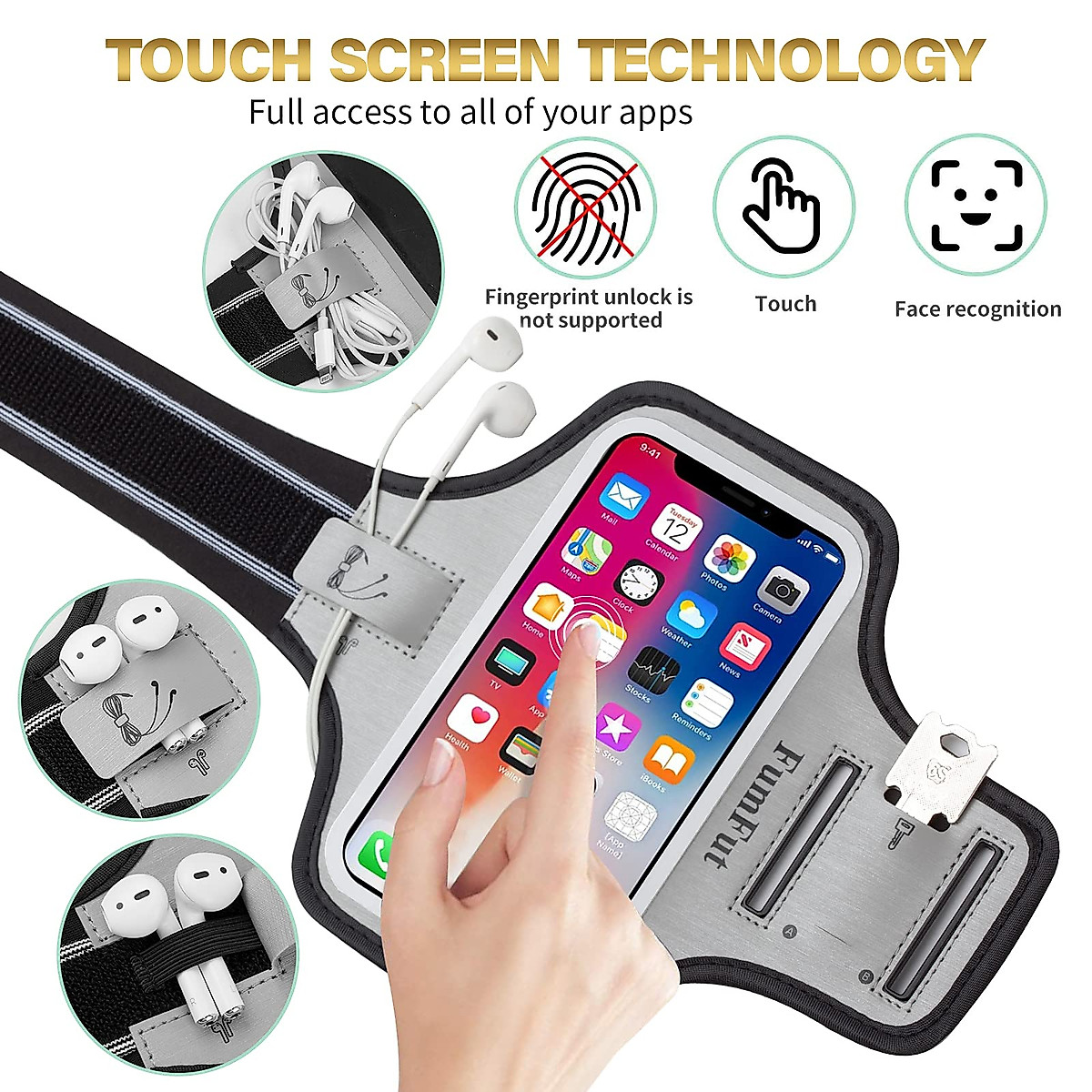 FumFut Water Resistant Cell Phone Armband Case Running Holder for iPhone Pro Max Plus Mini SE(12/11/X/XS/XR/8/7/6/5)Galaxy S Ultra Plus Lite Edge Note (21/20/10/9/8/7/6/5) Adjustable Strap Pocket Key