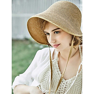 F FADVES French Straw Bonnet Cap for Women Victorian Sun Hat Chin Strap Foldable Light Khaki