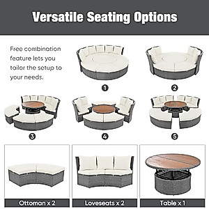 EOVTK Outdoor Patio Round Daybed, All-Weather Rattan Sectional Sofa Set with Liftable Table, Washable Cushions and 6 Pillows for Backyard Poolside, Beige