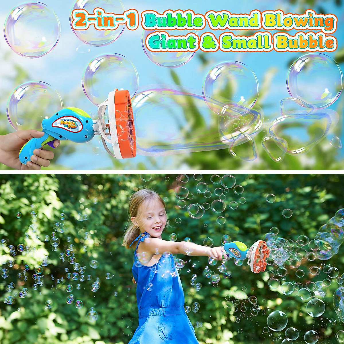 2 in 1 Bubble Gun Bubble Machine for Toddlers Kids, 2 Modes Large and Rich Small Bubbles for Kids 3-5 with Bubble Solution, Bubble Wand for Kids Outdoor Toys Birthday Gifts for 3 4 5 6 7 8 Years Old