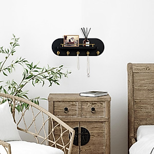 SANY DAYO HOME Wall Mount Wood Key Holder Rack – 14" x 5" Black Floating Entryway Shelf with 5 Gold Hooks and Guardrail for Keys, Plants, and Accessories