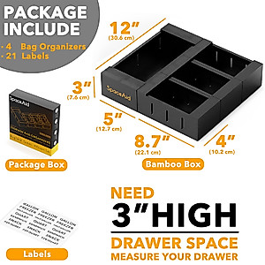 SpaceAid Bag Storage Organizer for Kitchen Drawer, Bamboo Organizer, Compatible with Gallon, Quart, Sandwich and Snack Variety Size Bag (4 Pack), Black