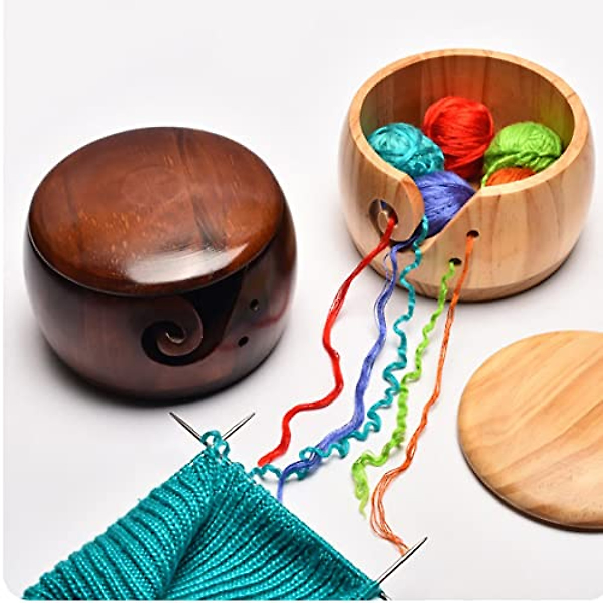 Wooden Yarn Bowl,Yarn Bowls with Lid for Knitting Crochet Yarn Ball Holder Handmade Yarn Storage Bowl for DIY Knitting Crocheting Crochet Kit Organizer Accessories with 12 Crochet Hooks (Dark Wood)