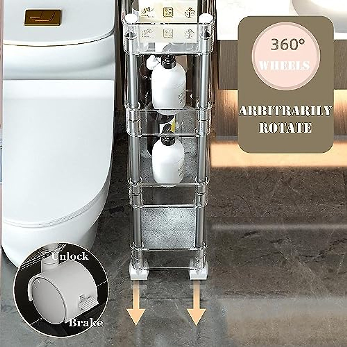 DARZYS Rolling Cart Storage cart 4-Tier Slim Corner Shelves Clear Acrylic Storage Rolling Cart with Wheels Multipurpose Shelf Display Rack 14.6" Lx5.1 Wx34.8 H