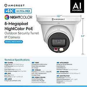 Amcrest UltraHD 4K (8MP) IP PoE AI Camera, 49ft Nightcolor, Security Outdoor Turret Camera, Built-in Microphone, Human Detection, Active Deterrent, 129° FOV, 4K@15fps IP8M-2779EW-AI (White)