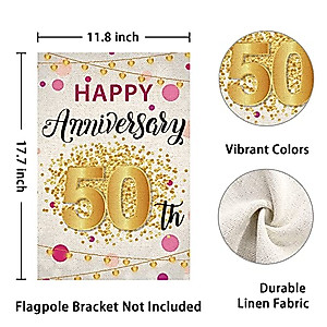 Happy 50th Anniversary Garden Flag, Cheers to 50 Years Loved Yard Flag Vertical Premium Burlap Rustic Wedding Anniversary Celebration Banner for Farmhouse Outside Outdoor Sign Double Sided, 12" x 18"