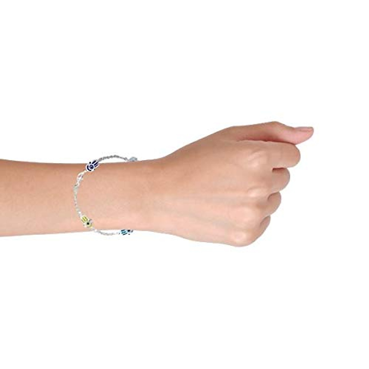 Delicate Dainty Turkish Amulet Talisman Protection Good Luck Five Multi Color Yellow Red Blue Hamsa Fatima Hand and Evil Eye Charm Bracelet For Teen For Women .925 Sterling Silver
