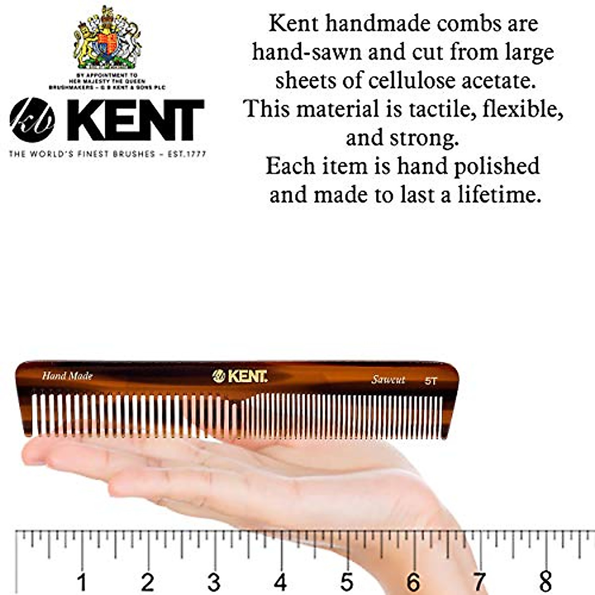 Kent 5T 6.6 Inch Double Tooth Hair Dressing Comb, Fine and Wide Tooth Dresser Comb For Hair, Beard and Mustache, Coarse and Fine Hair Styling Grooming Comb for Men, Women and Kids. Made in England