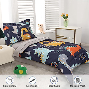 Wowelife Toddler Bedding Sets for Boys, Premium 4 Piece Dinosaur Toddler Comforter Set, Blue Grey Toddler Bed Set, Super Soft and Comfortable for Toddler(Dark Blue)