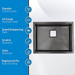 Strictly Sinks 23 Inch Undermount Kitchen Sink – Black Single Bowl 16 Gauge Stainless Steel Bar Prep Kitchen Sink Stain Resistant – With 1 Square Disposal Adapter, 1 Strainer Drain & Bottom Grid