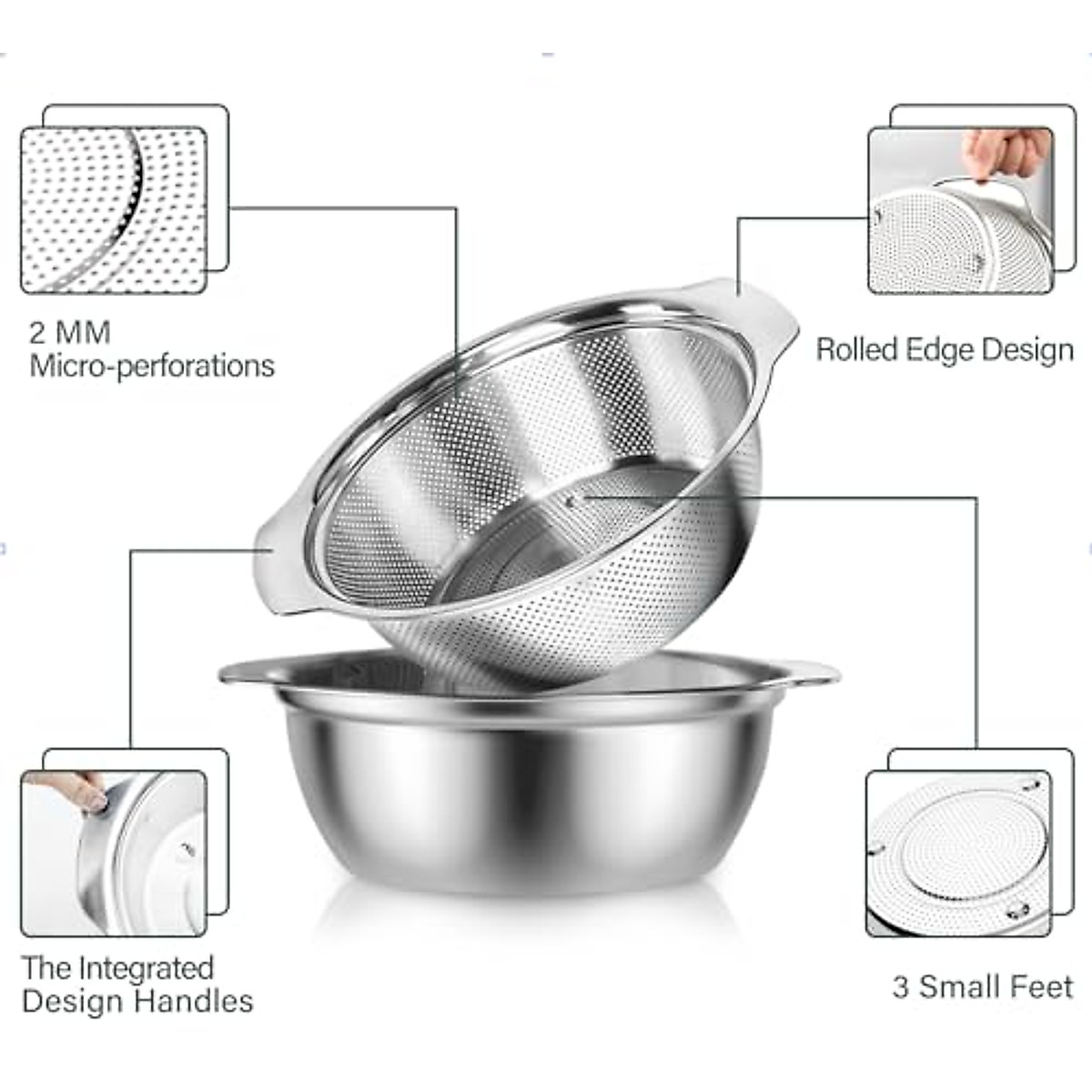 304 Stainless Steel Colander With Handle, 2-Quart Micro-Perforated Strainer Colander Set with Mixing Bowl, BPA Free, Great for Draining Cooked Pasta, Noodles,Washing Vegetables, Fruits(2PC)