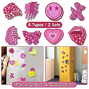 16PCS Pink Preppy Fridge Magnets, Good Magnetic, Locker Decorations for Girls in Middle School Waterproof Refrigerator Magnets Aesthetic Pink Y2k Smiley Face Leopard for Office Kitchen Whiteboard