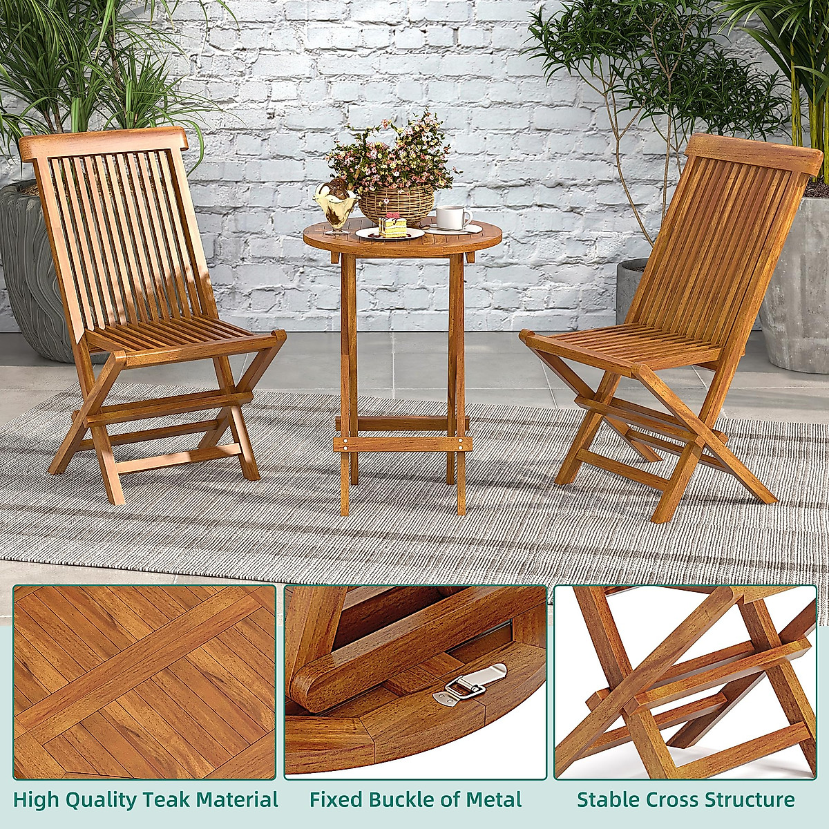 YITAHOME 3 Piece Teak Wood Patio Bistro Set with 2 Folding Chairs and Round Table, Folding Dining Table and Chairs with Metal Buckles for Backyard, Balcony, Pool, Porch, Deck