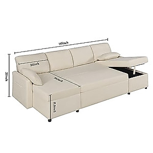 VanAcc Sleeper Sofa, 110 inch Overisze - 2 in 1 Pull Out Bed, Sectional Sleeper Sofa with Double Storage Chaise for Living Room, Beige Chenille Couch
