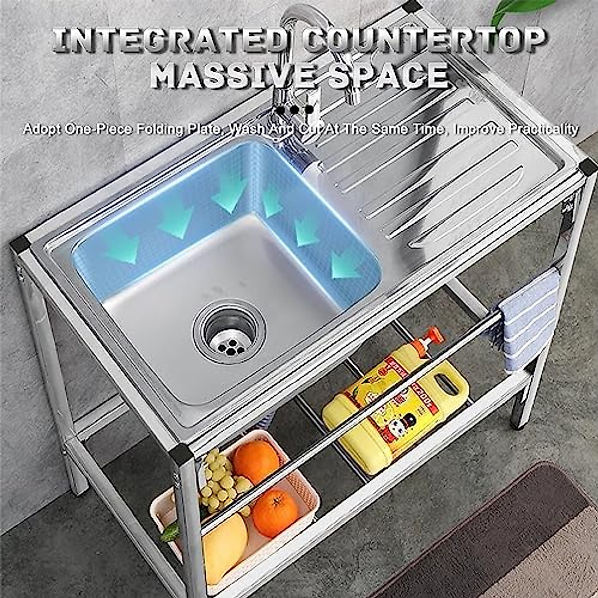 Farmhouse Kitchen Sink Stainless Steel Sink Home Sink Vegetable Basin Single Sink Workstation Outdoor Sink W/Workbench Double Storage Shelves Indoor Outdoor (Size : 75x40x75cm/29.5x15.7x29.5in)