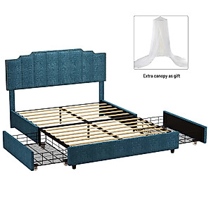Queen Size Upholstered Platform Bed Frame with 2 Storage Drawers & Adjustable Rivets Headboard, Linen Bed Frame with Extra Dome Bed Canopy for Boys Girls Teens, No Box Spring Needed (Blue)