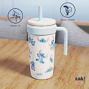 Zak Designs Disney Fairway Travel Tumbler for On the Go or At Home, 18oz Stainless Steel with Vacuum Insulation, Spillproof Silicone Straw, and Carry Handle for Cold Drinks (Stitch)