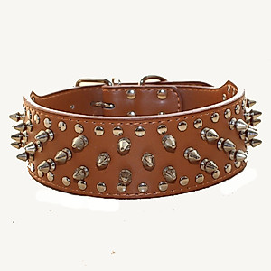 Haoyueer Leather Spiked Studded Medium & Large Dog Collars, Harnesses & Chain Leashes 3Pcs Matching Set for Pit Bull,Mastiff, Boxer, Bull Terrier
