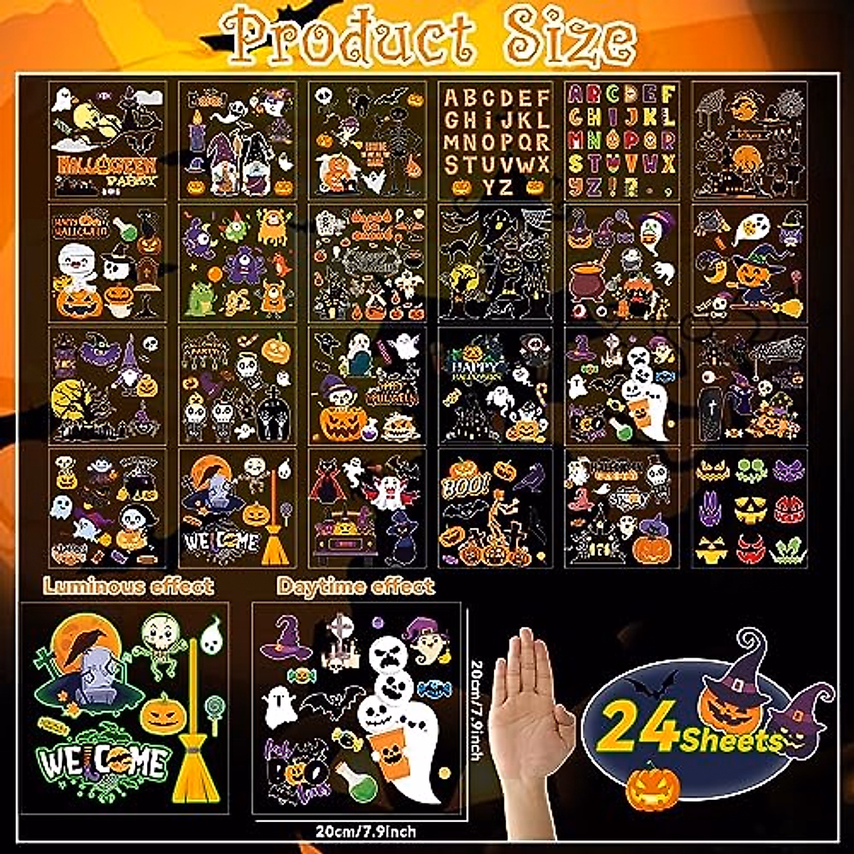 24 Sheets Halloween Iron on Transfers Decals Patches for Clothing Glow in Dark Halloween Heat Transfer Halloween Pumpkin Heat Transfer Stickers for Kids T-Shirt Hat Bag DIY Supplies Decorations