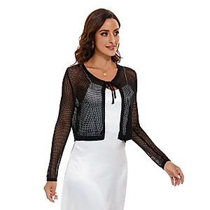 XUNZRLN Women's Long Sleeve Tie Open Front Bolero Shrug Lightweight Knit Hollow Out Cropped Cardigan