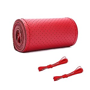 Augeny Genuine Leather Steering Wheel Cover, Breathable Anti-Slip Car Steering Wheel Protector Stitch on Wrap for Max Diameter 15 Inch, DIY Sewing with Needle Thread (Full Hole, Red)