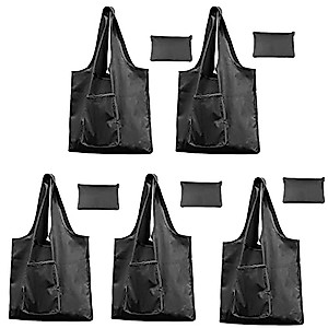 QINMEIYI Reusable Shopping Bags 5 Pack Foldable Reusable Grocery Bags 50LBS Weight Capacity Heavy Duty Shopping Tote Bags Machine Washable Polyester Lightweight Bags Ripstop Reusable bags Black