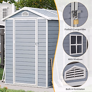 Jolydale 6’x4’ Outdoor Storage Resin Shed, Resin Utility Tool Shed Storage House with Lockable Door, for Backyard, Patio, Garden Bikes and Pool Accessories, Grey
