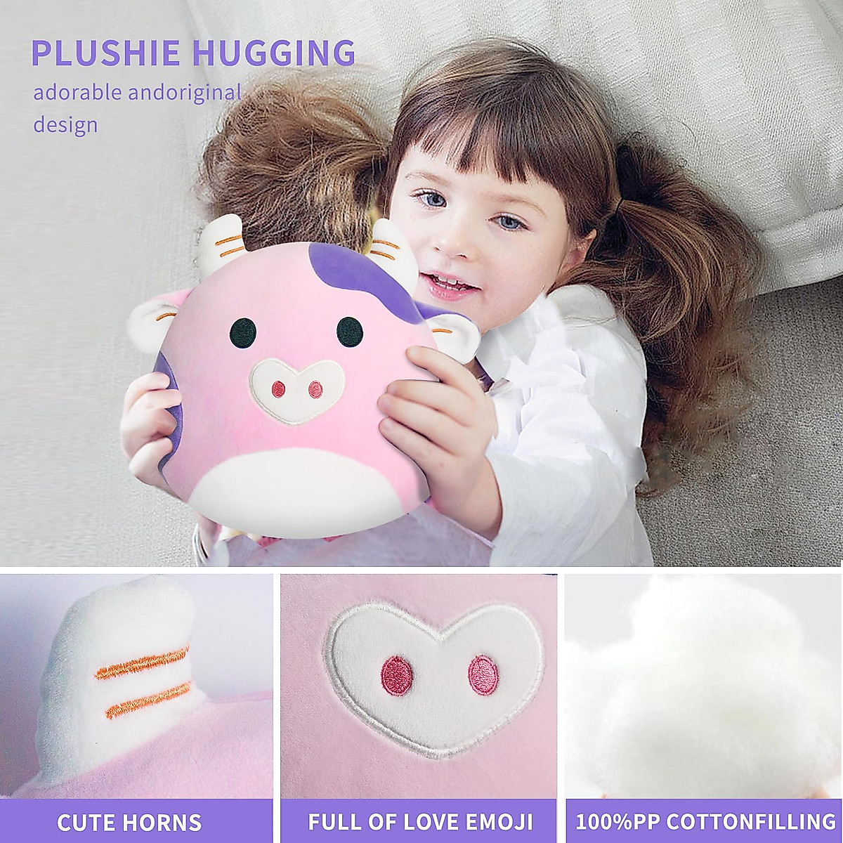 CUTEHO Cow Plush Toy Pillow 12'' Cute Stuffed Animal Soft Plushie Doll Gift for Kids Birthday Girls Boys Valentines Day (Pink Cow)