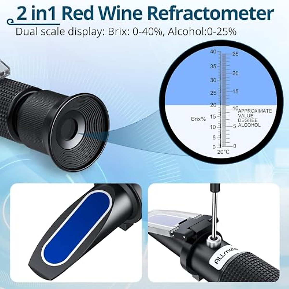 ALLmeter Grape Wine Refractometer Brix Alcohol Refractometer for Grape Wine Brewing Measure Sugar Content & Predict Alcohol Degree Dual Scale of 0-40% Brix & 0-25% vol Alcohol for Brewing Winemaking