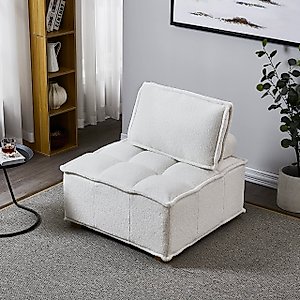 Lepfun Modular Sectional, Convertible Bed Futon, Lazy Sofas Ottoman with Gold Wooden Legs Teddy Fabric, Armless L-Shaped Couches for Living Room Office, White