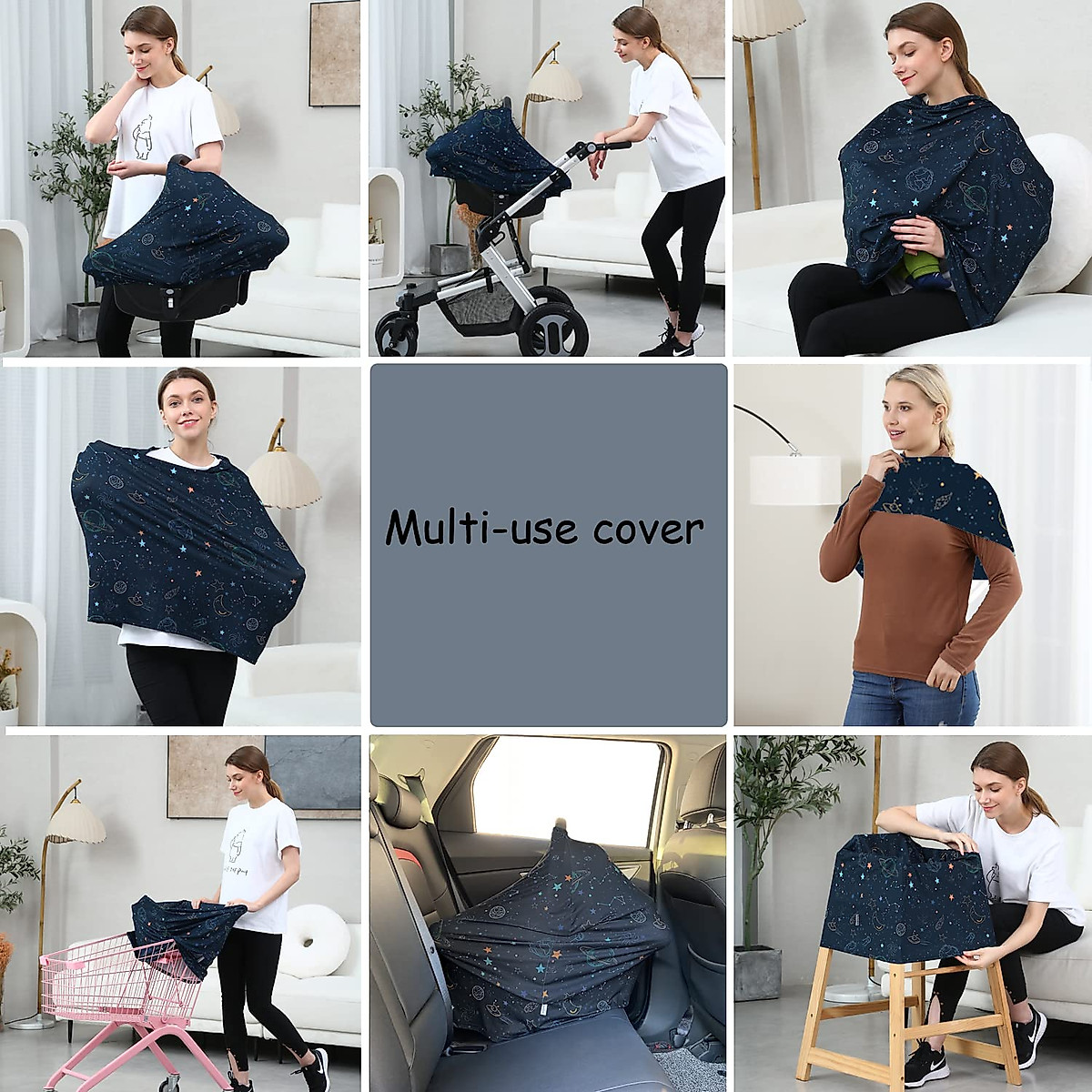 Car Seat Covers for Babies – Multi-use Breastfeeding Cover Carseat Canopy Cover, Infant Stroller Covers for Boys and Girls (Navy Blue Space)