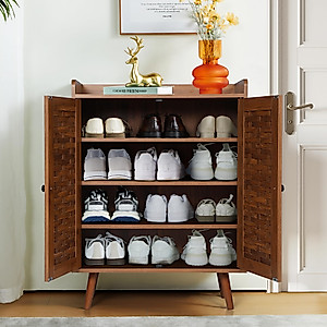 NVETHM Shoe Cabinet, Shoe Storage Cabinet with Two Rattan Doors and Adjustable Shelves, Free Standing Shoe Rack for Entryway, Living Room (Walnut)