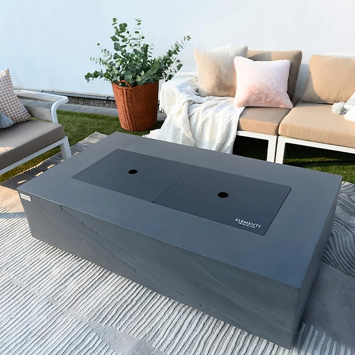 Capetown Concrete Fire Pit 55.9" x 31.9" Outdoor Patio Firepit Includes Fire Glass Modern Fire Pits & Outdoor Fireplaces for Garden, Deck, Indoor & Outdoor Heating