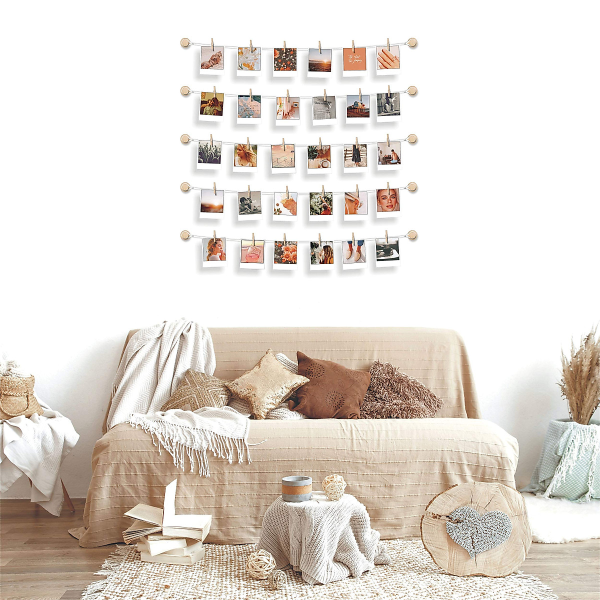 BIZYAC Hanging Photo Display Room Wall Decor - Sculptural Picture Frames Collage - 5 Strings with 30 Clips - 3M Self Adhesive Hooks - No Holes Drilling - 30 x 30 inch