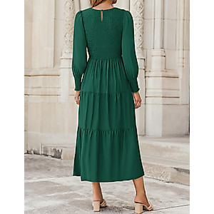 ZESICA Women's Casual Long Sleeve Crew Neck High Waist Smocked Flowy Tiered Midi Dress,DarkGreen,Large
