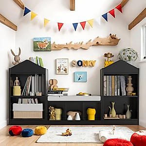 MHOM 68.9“ Kids Bookshelf with Reading Nook, Toy Storage Organizer with Seat Cushion and 7 Storage Cubbies, Wooden Kids Bookcase, Toy Organizers and Storage for Nursery, Playroom, Black